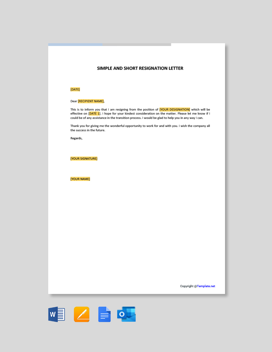 Simple And Short Resignation Letter Download In Word Google Docs PDF Apple Pages Outlook 
