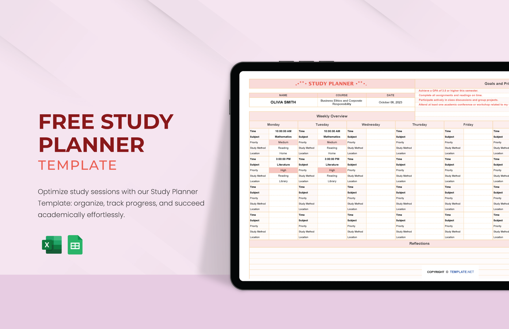 Free Study Planner Template Download In Excel Google Sheets