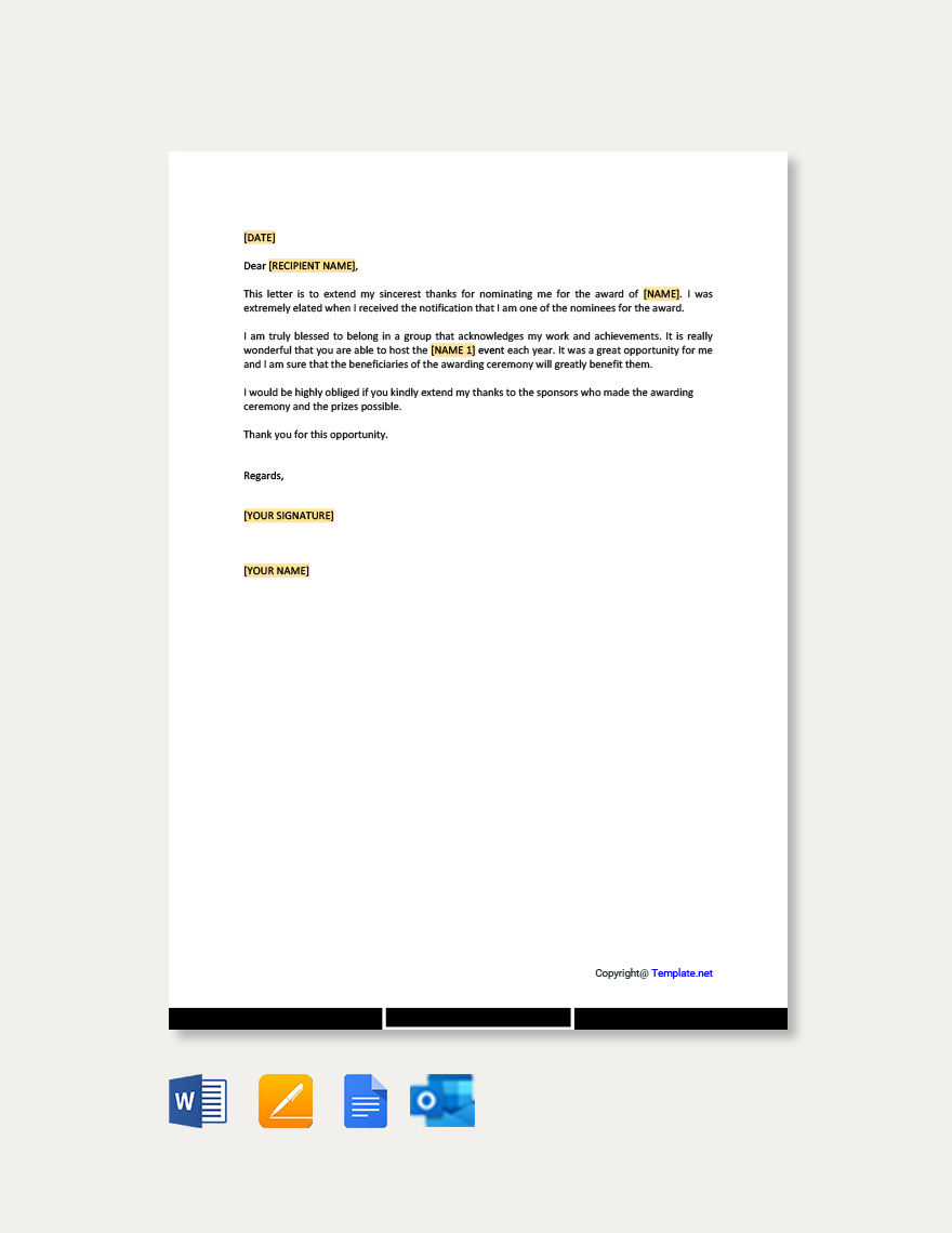 Free Thank You Letter For Award Nomination Download In Word Google 