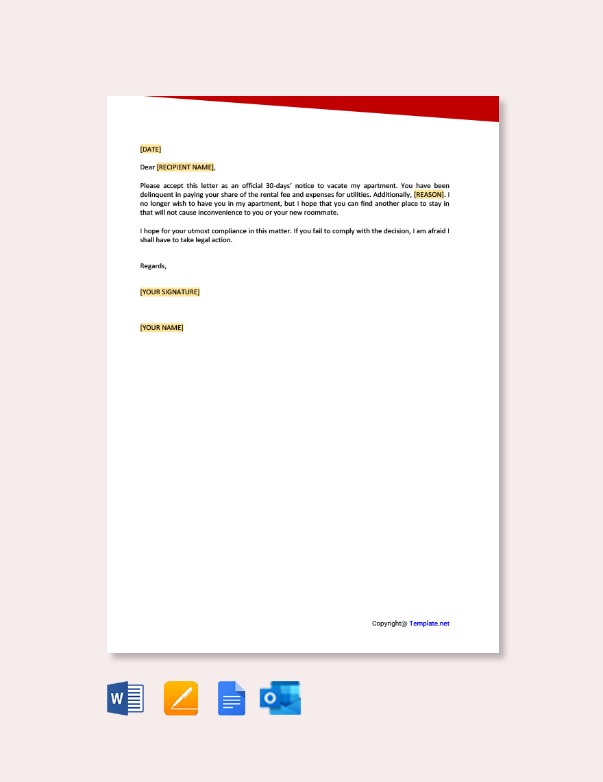 30 Day Notice To Vacate Letter To Roommate Template Google Docs Word Apple Pages Template