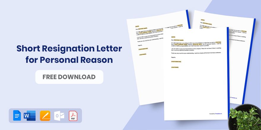 Short Resignation Letter for Personal Reason - Download in Word, Google ...