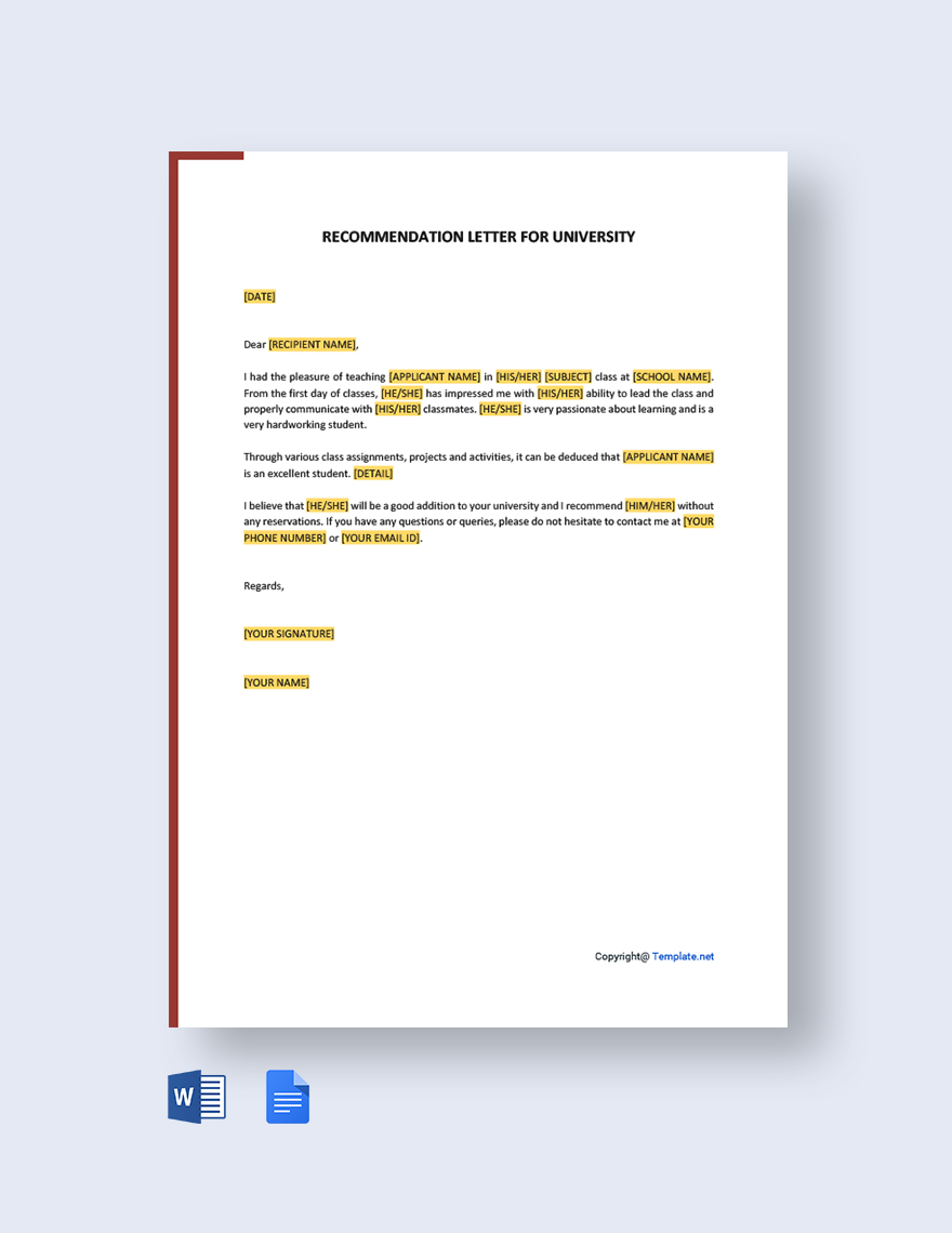 Self Recommendation Letter For University Download In Word Google 