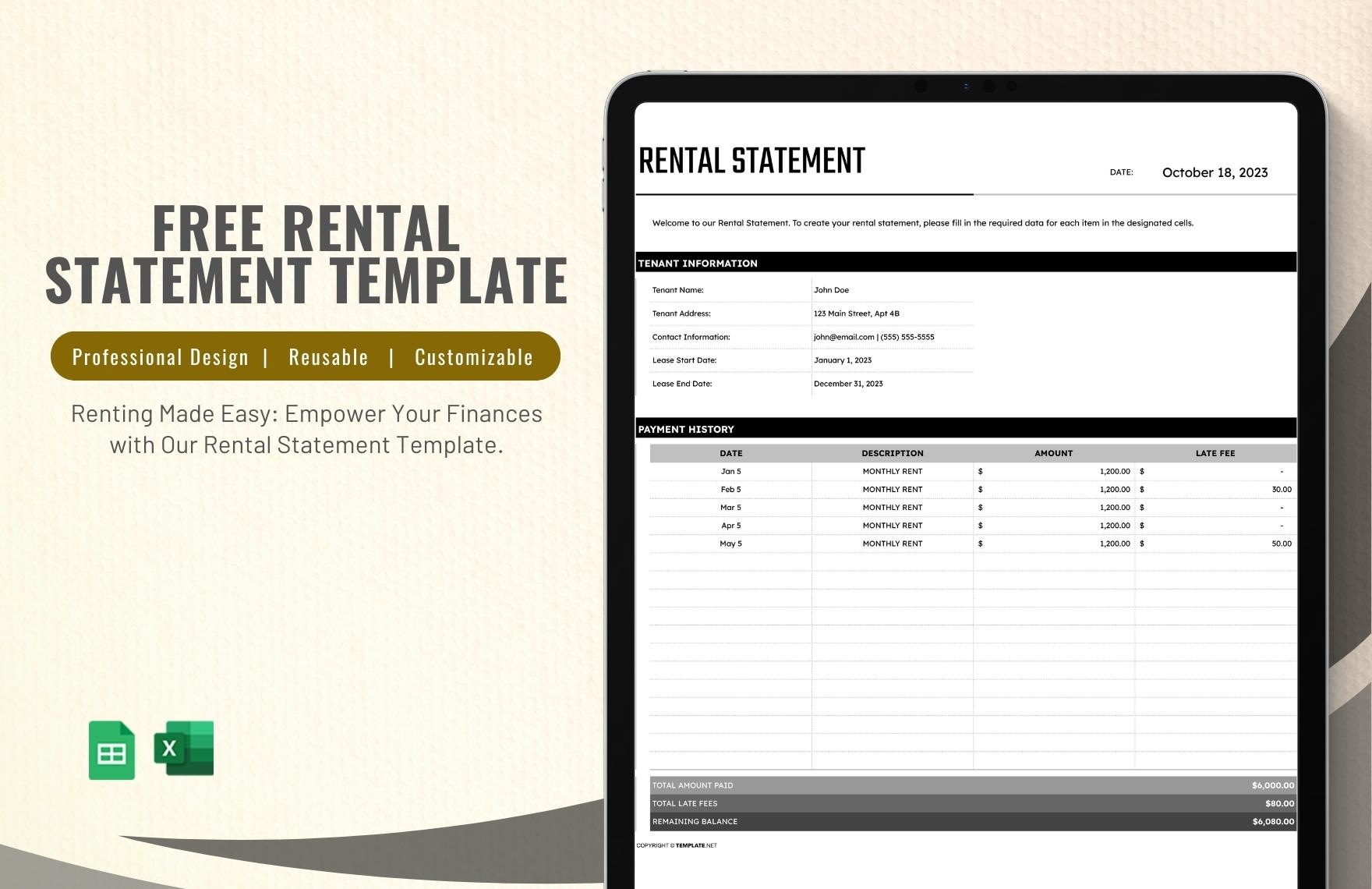 Rental Statement Template In Excel Google Sheets Download Template
