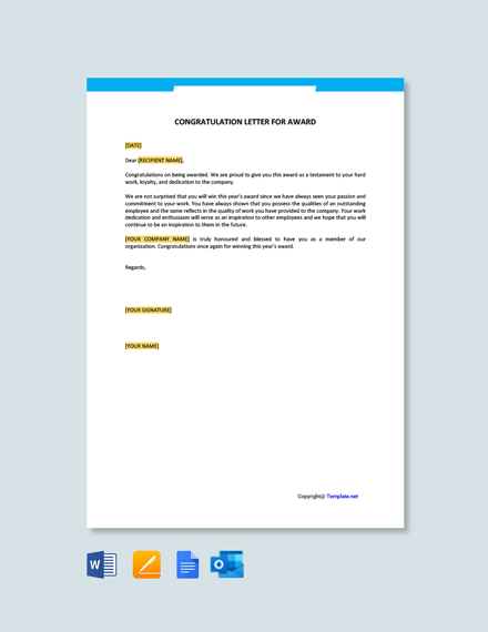 Free Congratulation Letter for Award Template - Google Docs, Word, Outlook, Apple Pages, PDF ...