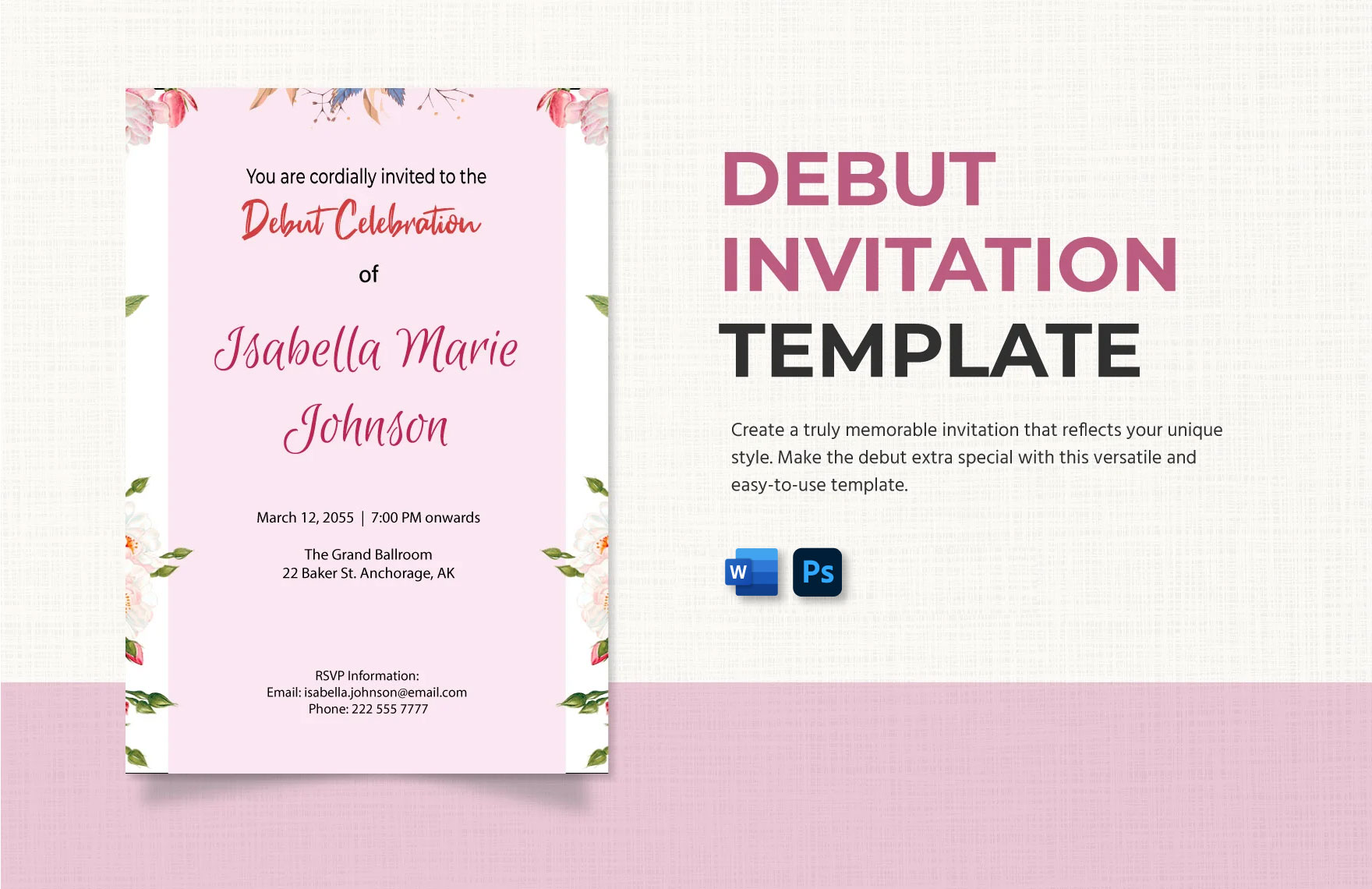 Watercolor Debut Invitation Template - Download in Word, PSD, Publisher ...