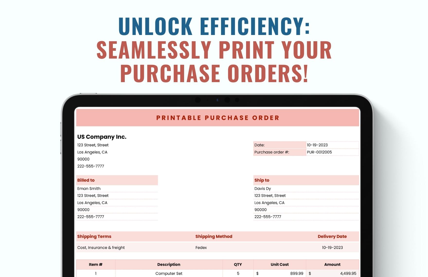 Free Printable Purchase Order Template - Download in Excel, Google Sheets | Template.net
