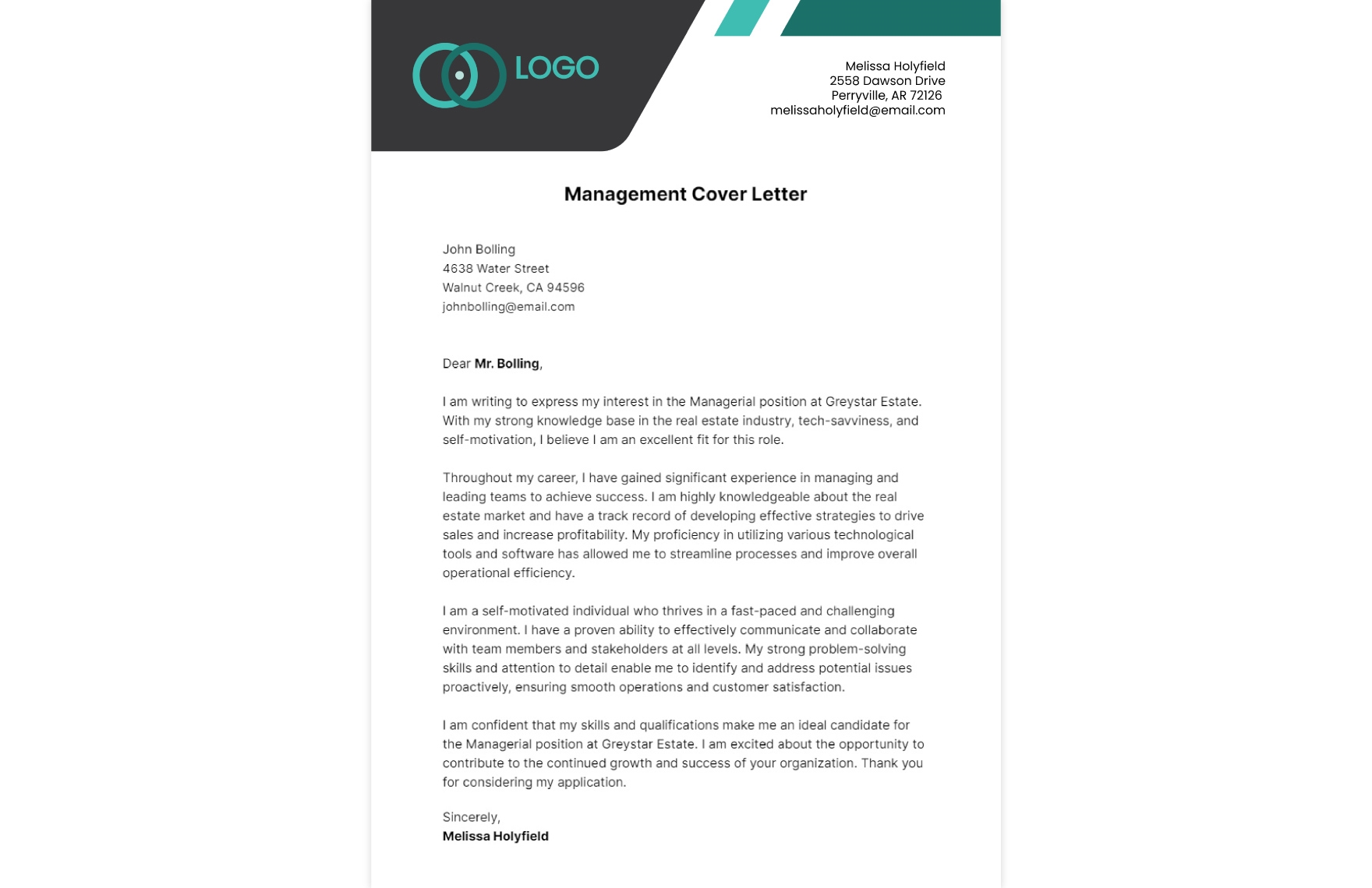 Management Cover Letter Template