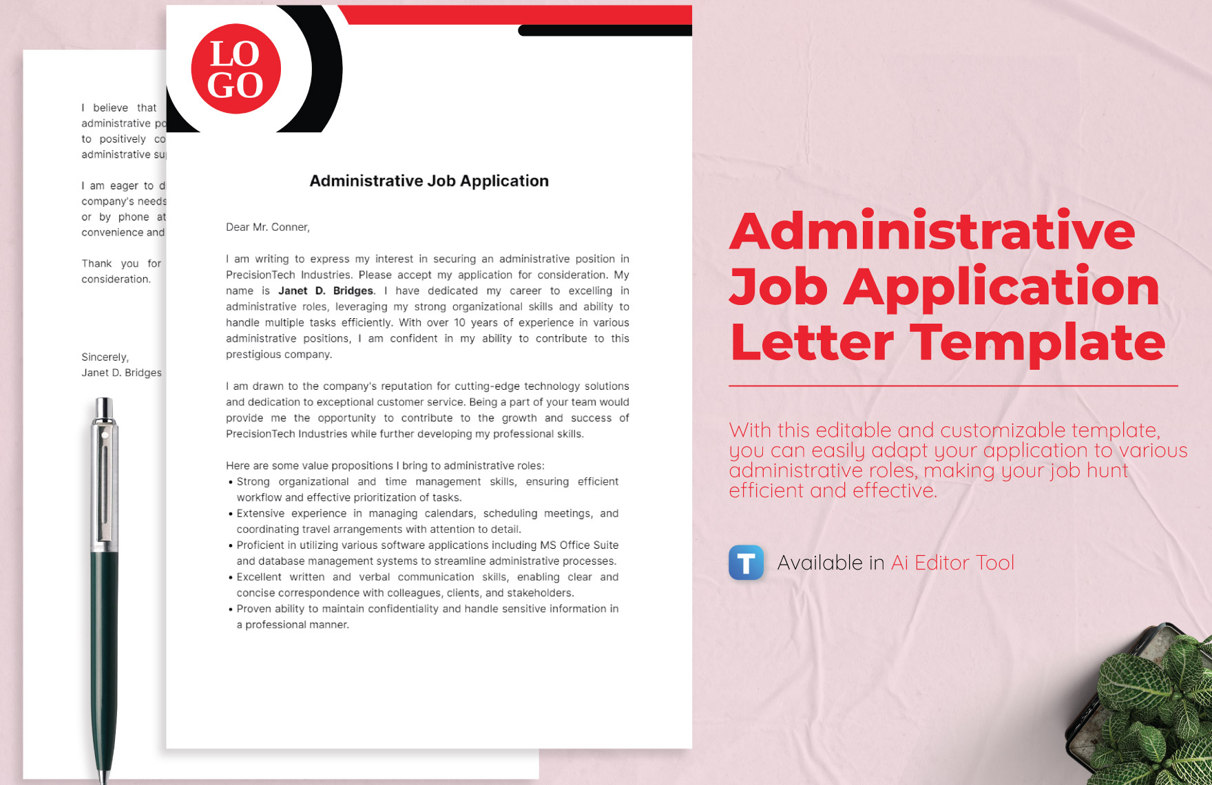 Free Job Application Letter for Administrative Assistant - Download in ...