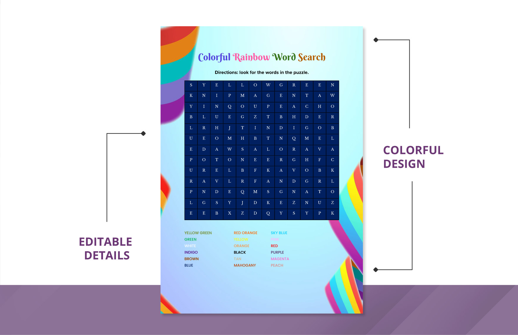 Free Colorful Rainbow Word Search Template - Download in Word ...