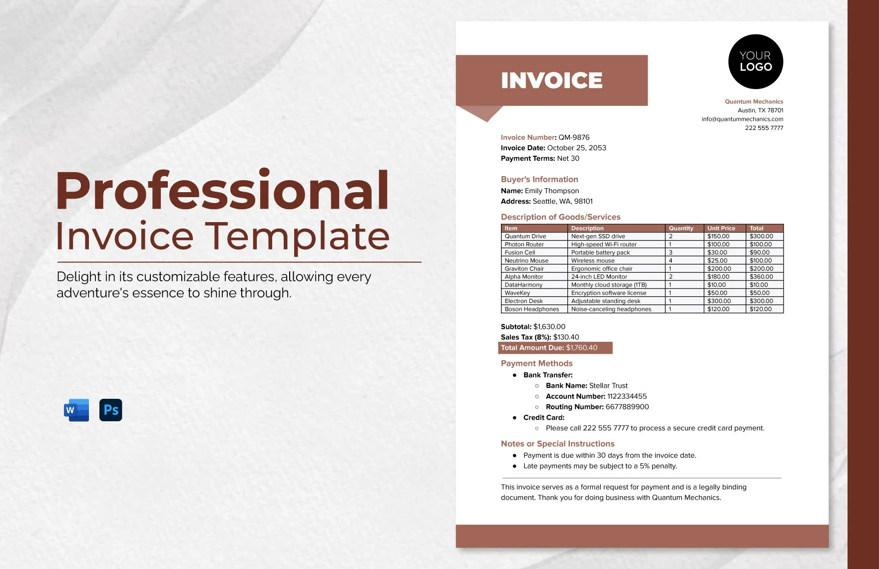 Free Professional Invoice Template - Download in Word, PSD | Template.net