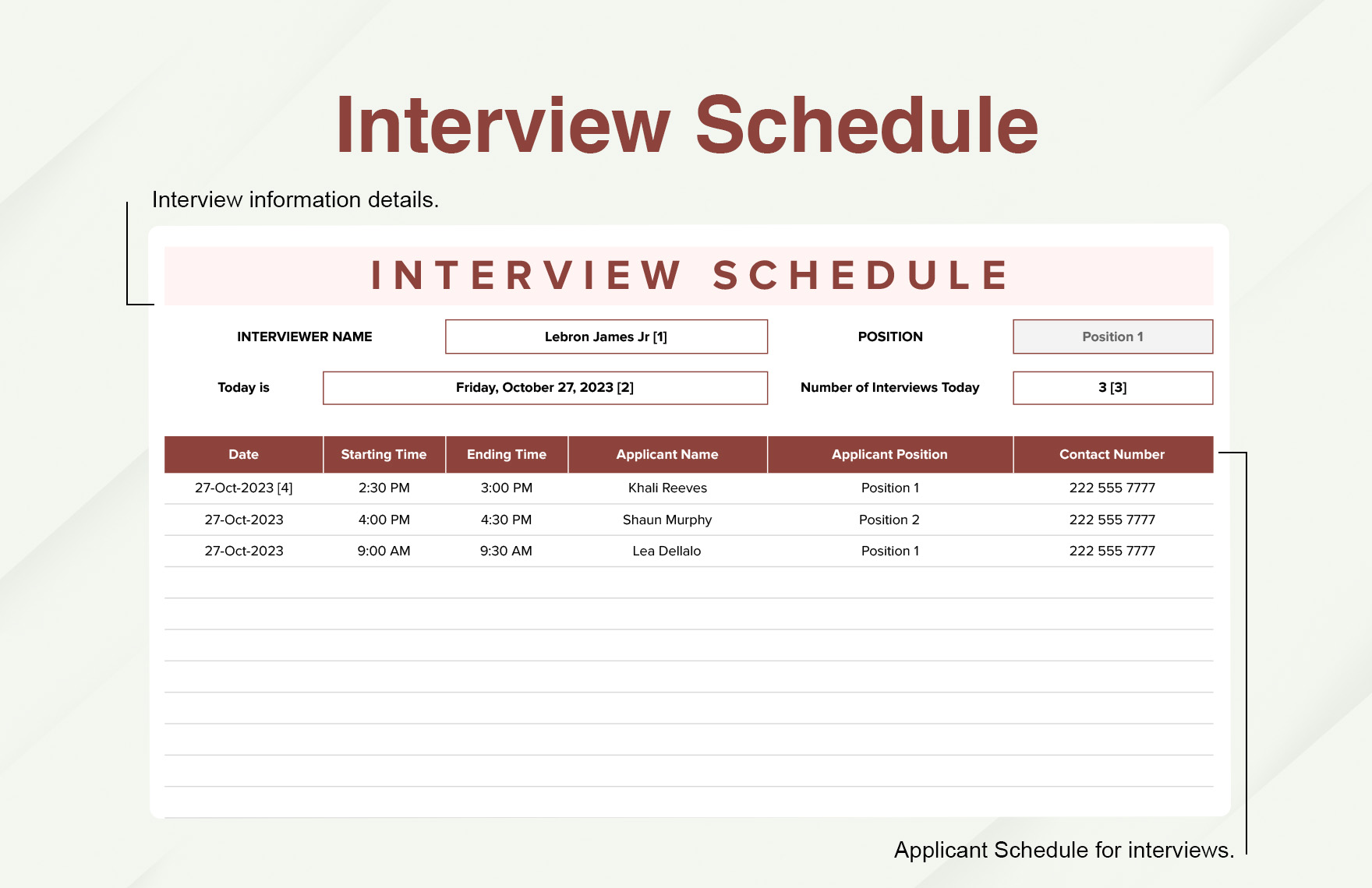 Interview Schedule Template In Excel Google Sheets Download