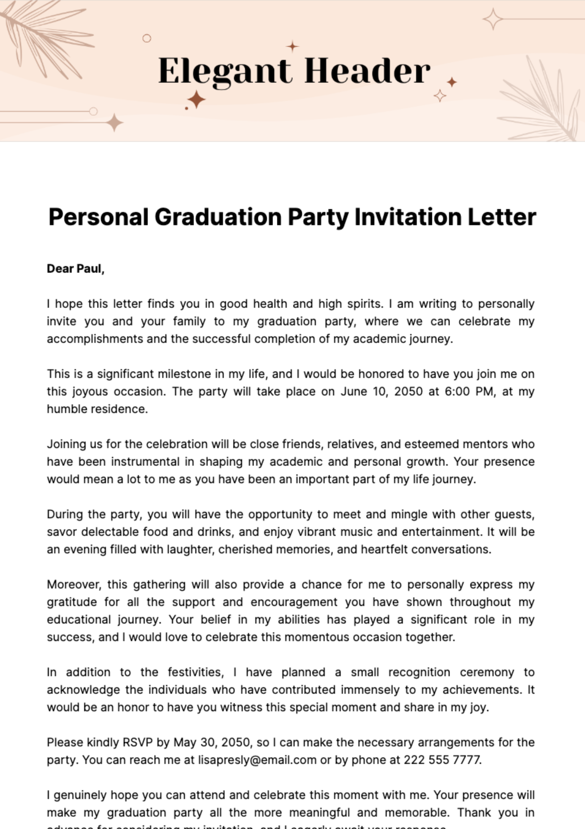 Free Personal Graduation Party Invitation Letter Template To Edit Online
