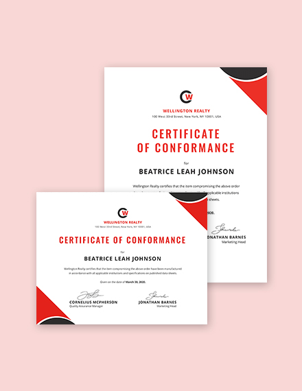 Certificate Of Conformance Template 9 Word PSD AI InDesign PDF 