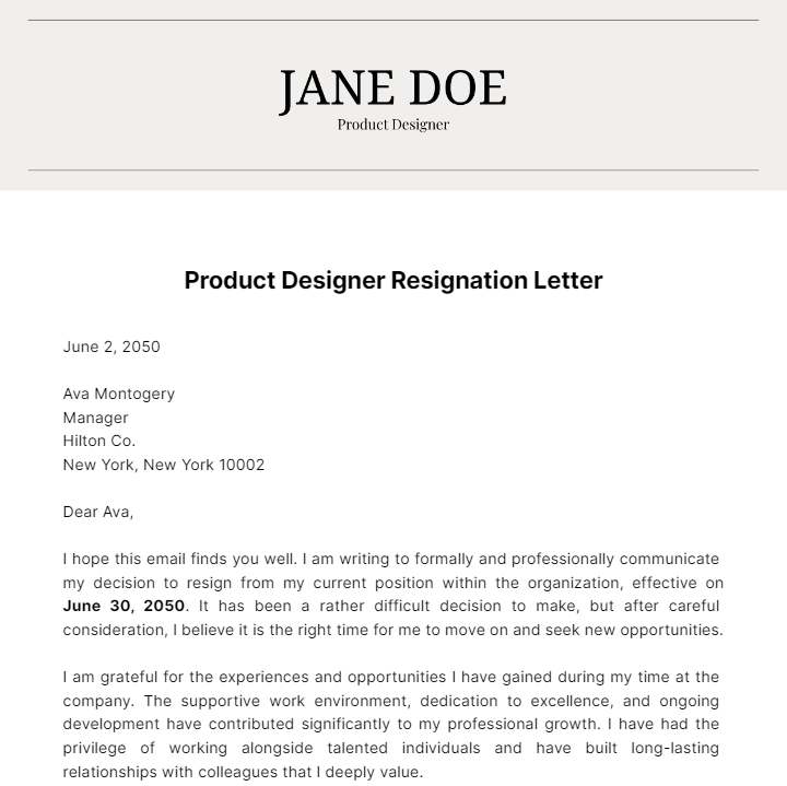 Free Product Designer Resignation Letter - Edit Online & Download ...
