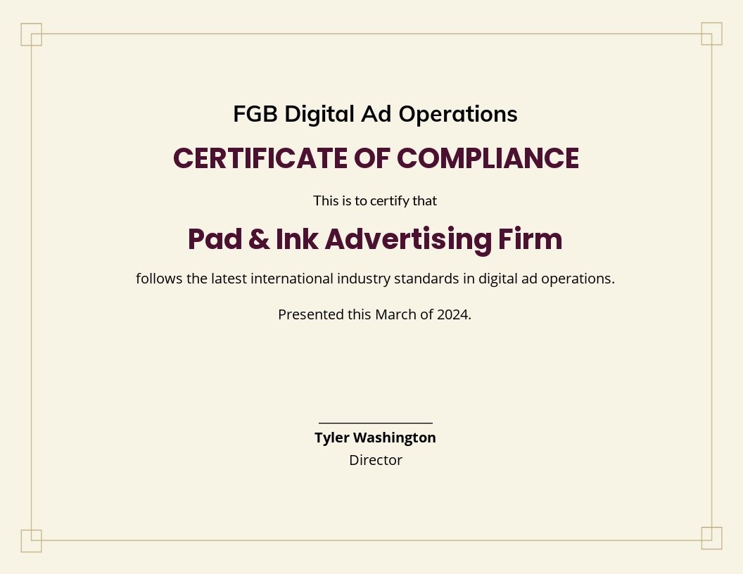 Simple Certificate Of Compliance Template Free PDF Word PSD