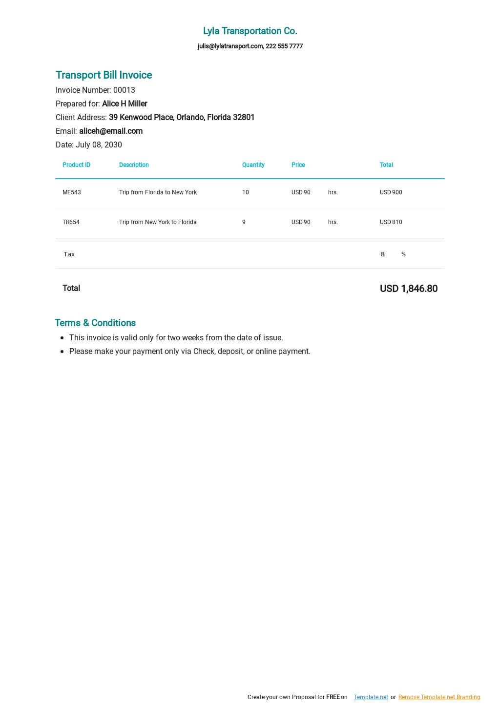Transport Bill Invoice Template
