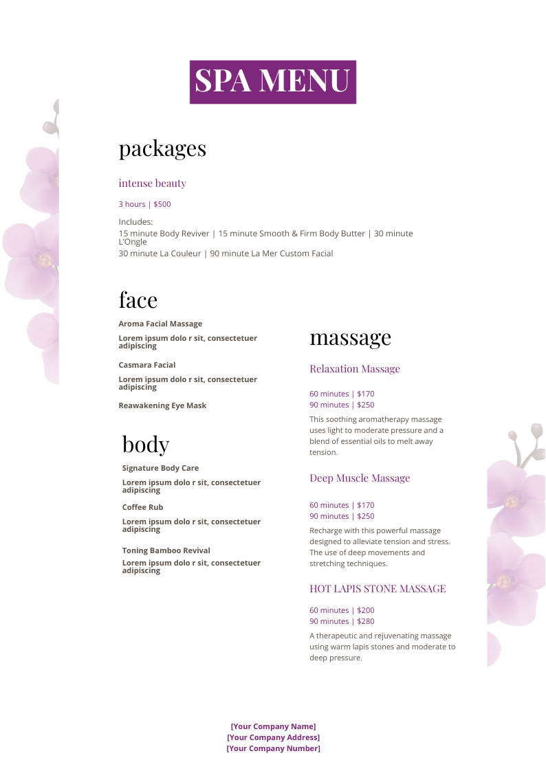 Spa Menu Template - Edit Online & Download Example | Template.net
