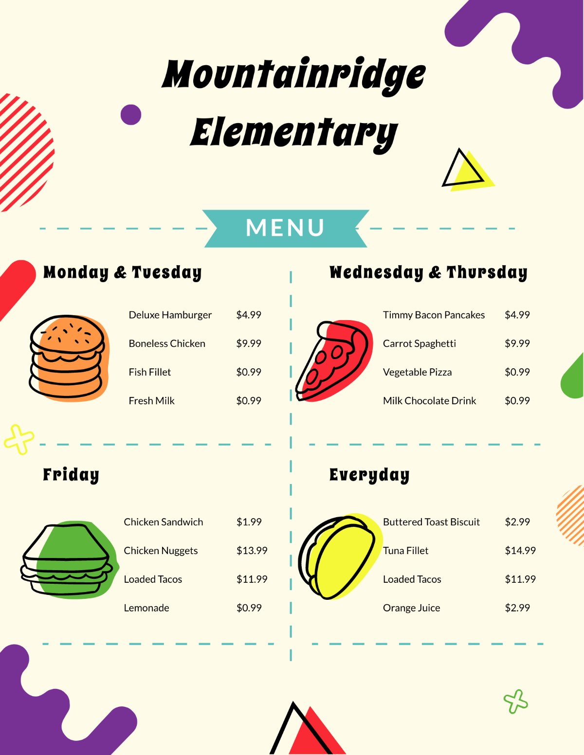 New York City Schools Monthly Menu Printable