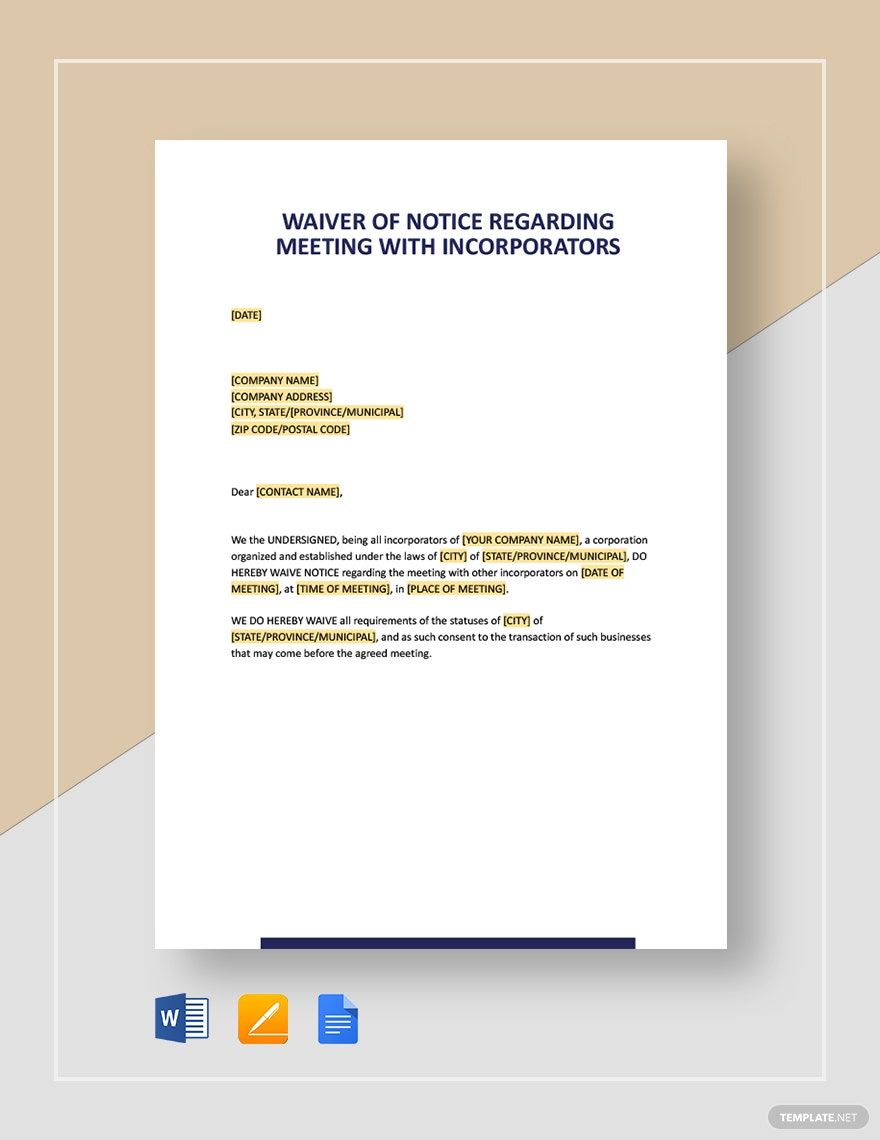 Sample Waiver Of Notice Meeting Of Incorporators Template Download In Word Google Docs Apple 