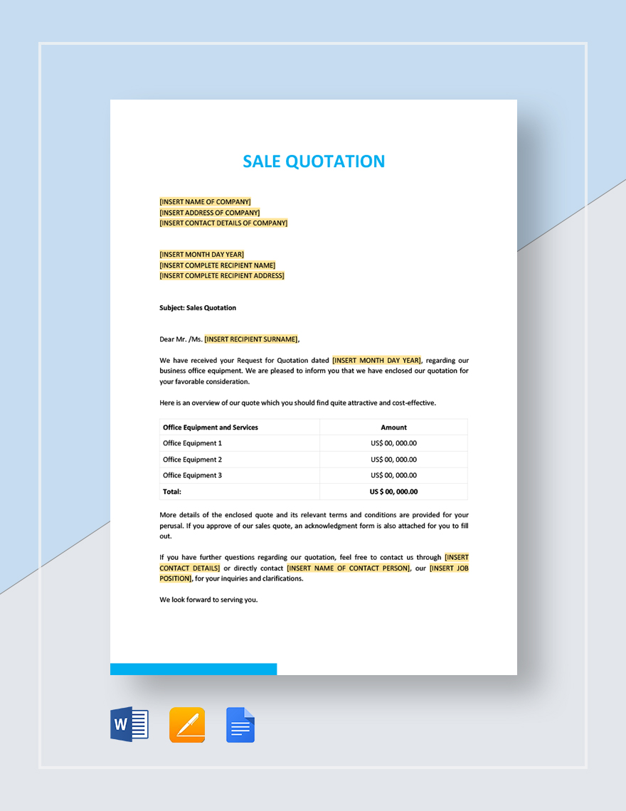 Sale Quotation Template - Google Docs, Google Sheets, Word, Apple Pages ...