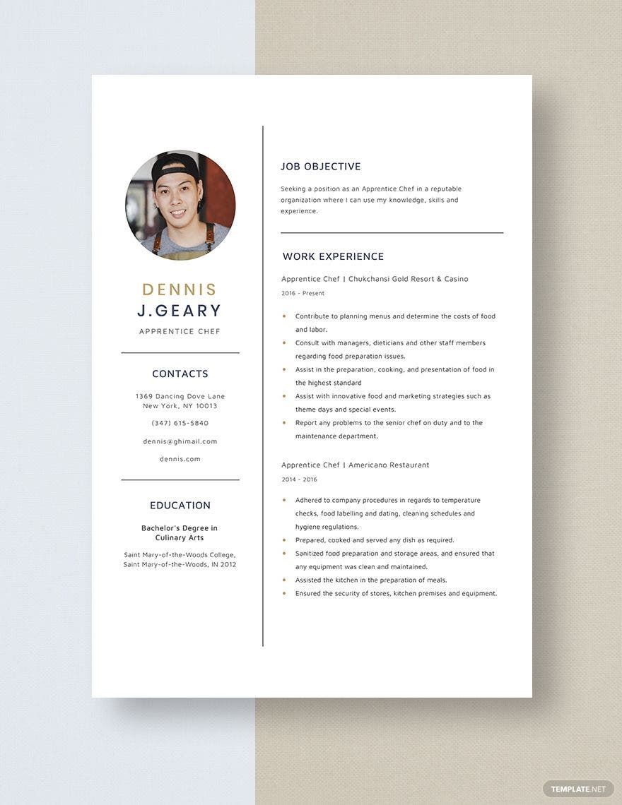 Apprentice Chef Resume In Pages Word Download Template
