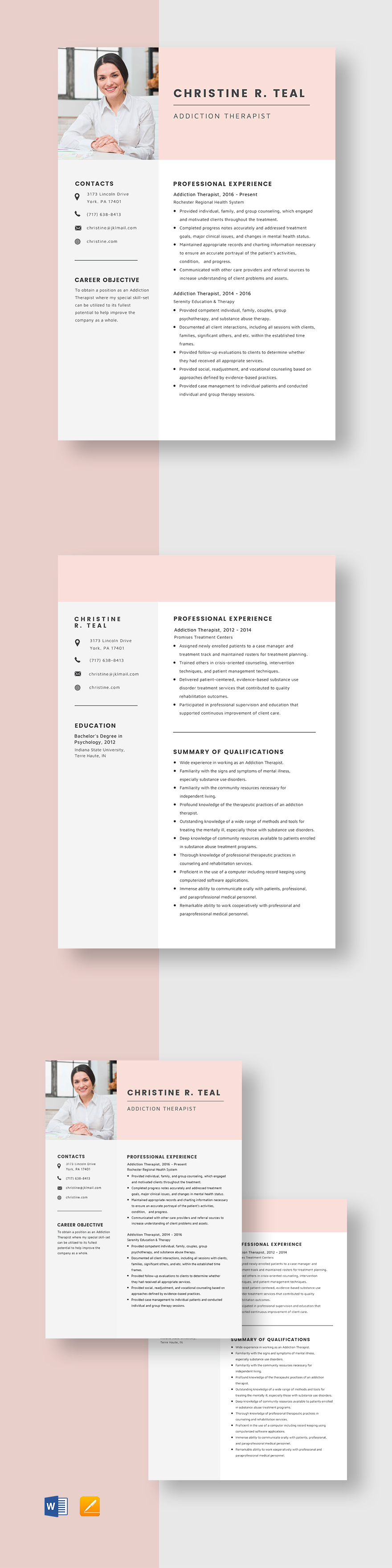 Addiction Therapist Resume Template - Word, Apple Pages | Template.net