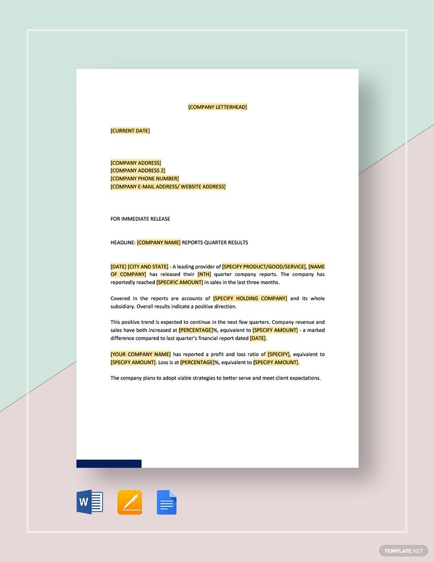 Free Press Release Company Reports Quarter Results Template Word Google Docs Apple Pages 