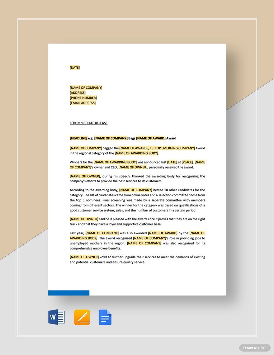 Press Release Company Won An Award Template Download In Word Google 