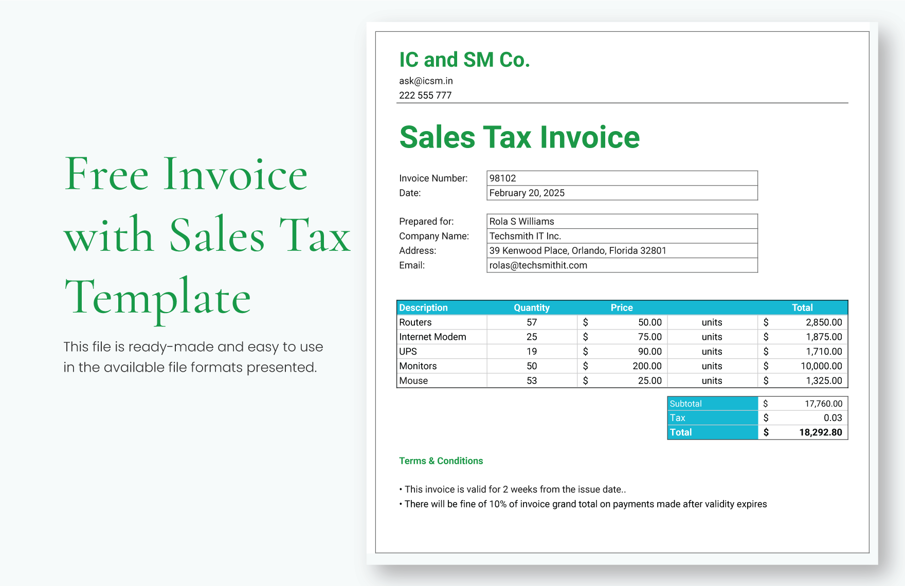 Free Invoice With Sales Tax Template Google Docs Google Sheets Excel Word Apple Numbers 