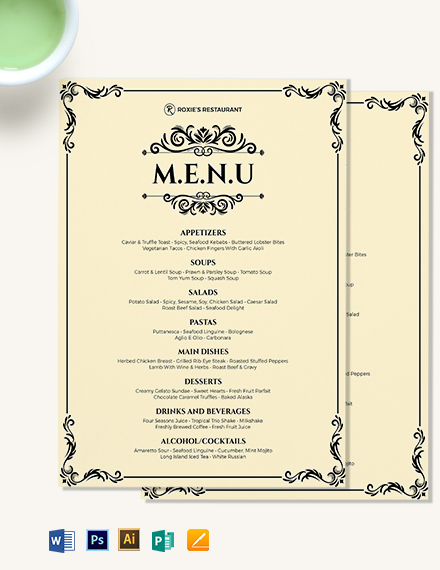 Classy Classic Dinner Menu Template Word DOC PSD Apple MAC 