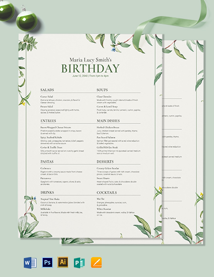 Free Printable Birthday Menu Templates