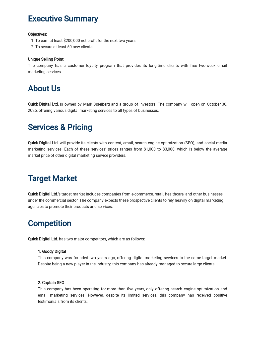 Digital Marketing Business Plan Template