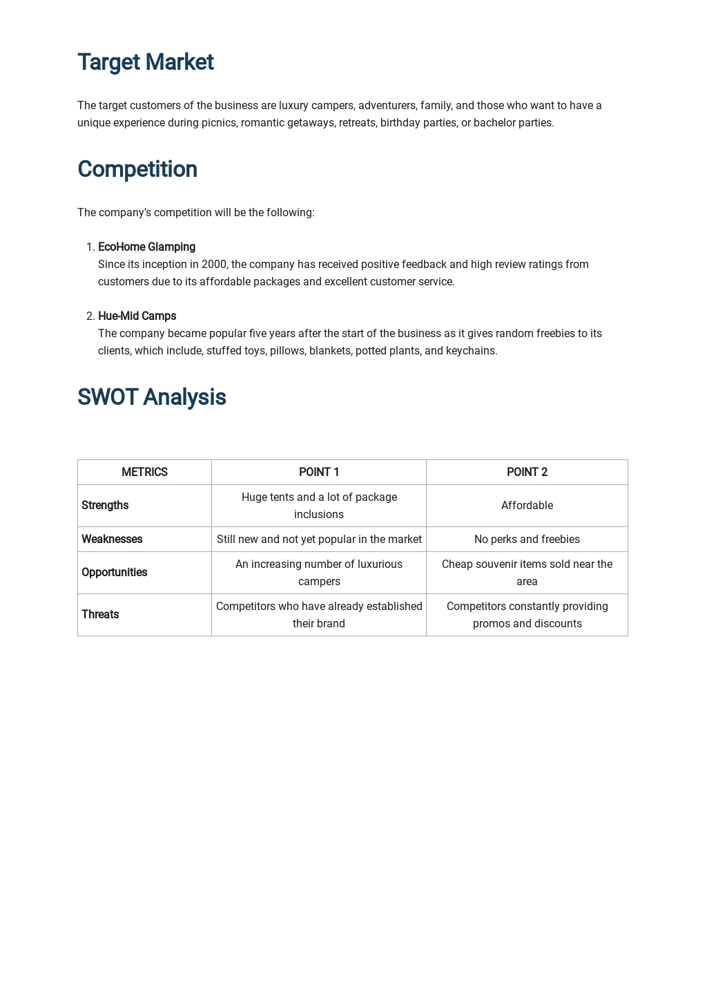 Glamping Business Plan Template Free PDF Google Docs Word Apple 