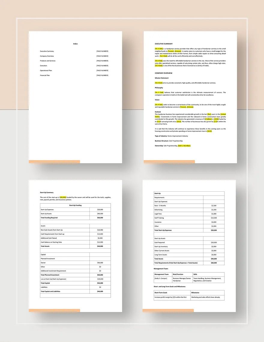 Handyman Business Plan Template Google Docs Word Apple Pages 