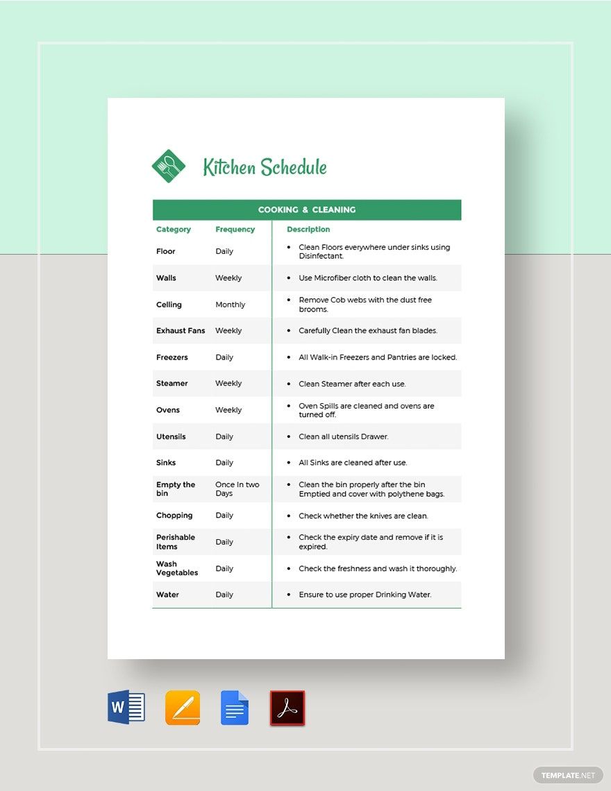 Kitchen Schedule Template Google Docs Word Apple Pages PDF 