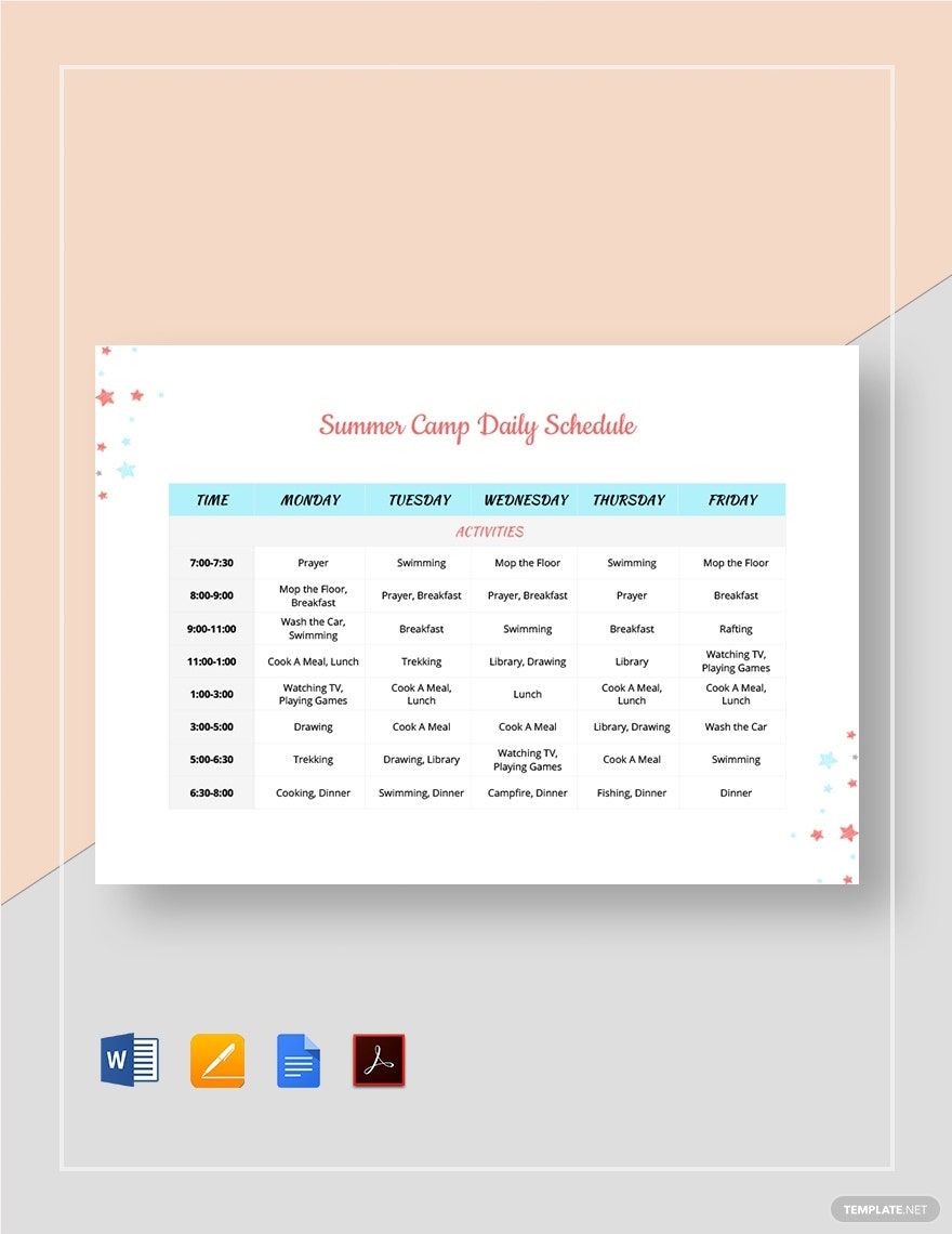 Summer Camp Daily Schedule Template Google Docs Word Apple Pages 