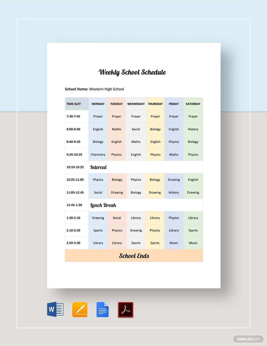 Blank School Schedule Template Google Docs Word Apple Pages PDF Template