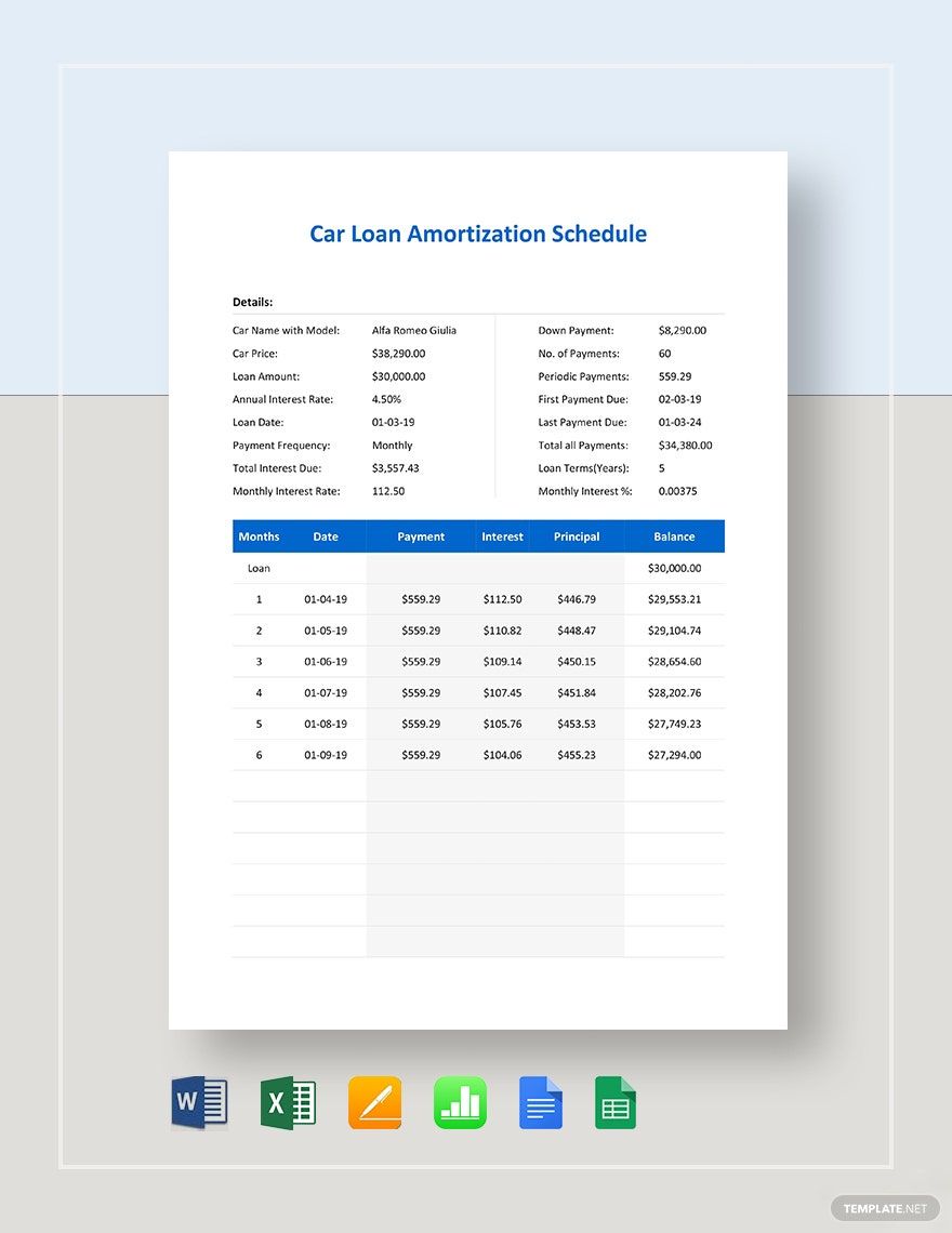 Car Loan Amortization Schedule Template Download In Word Google Docs 