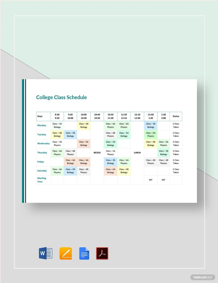 College Class Schedule Template Google Docs Word Apple Pages PDF 