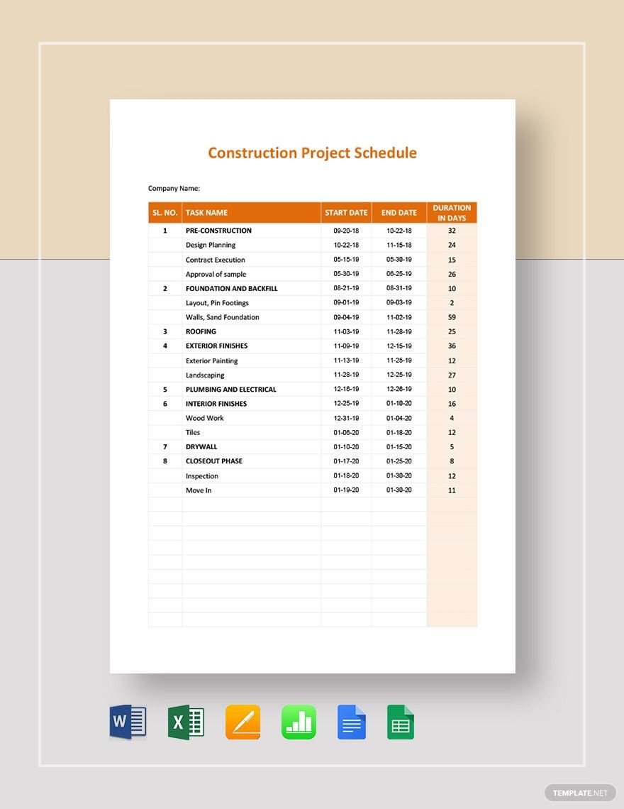 5 day Construction Project Schedule Template Google Sheets Excel Word Apple Numbers Apple 