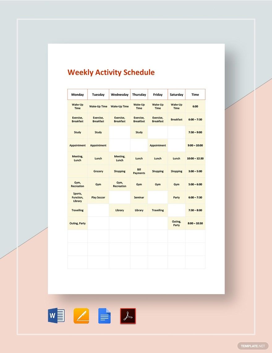 Weekly Activity Schedule Template In Word Pages PDF Google Docs 