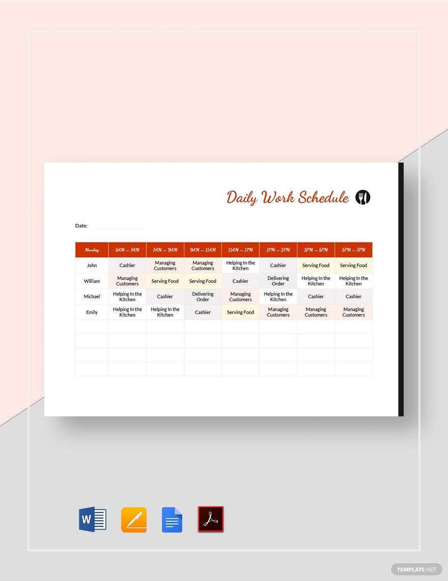 Work Schedule Template Google Docs Google Sheets Excel Word Apple Numbers Apple Pages 