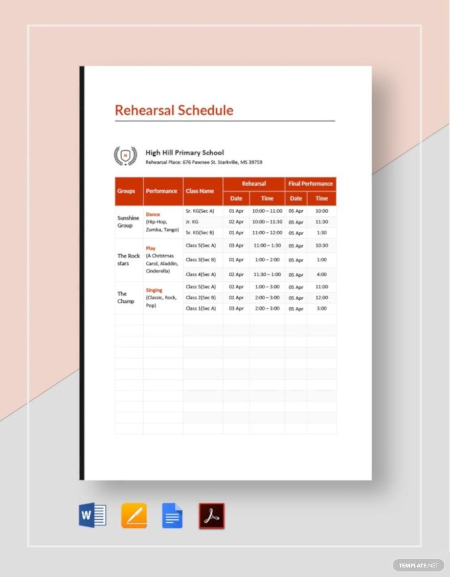 School Rehearsal Schedule Template Google Docs Word Apple Pages 
