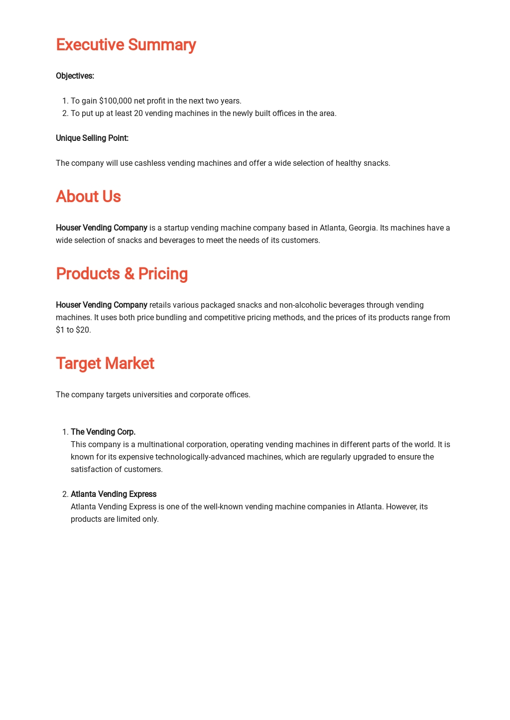 Vending Machine Business Plan Template
