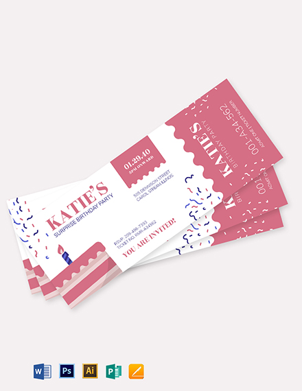 Birthday Surprise Ticket Template Illustrator Word Apple Pages PSD 