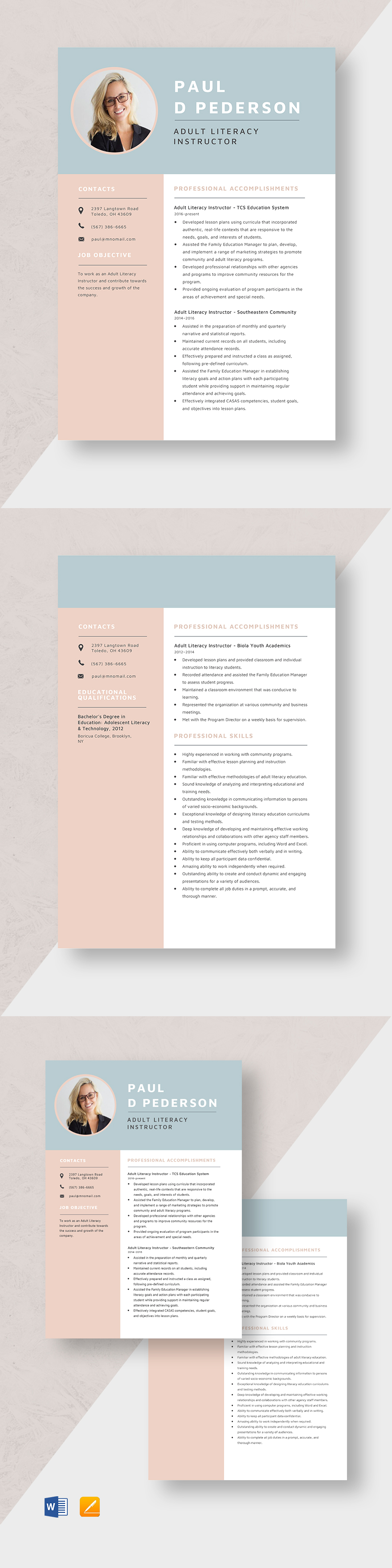 Adult Literacy Instructor Resume Template - Word, Apple Pages ...