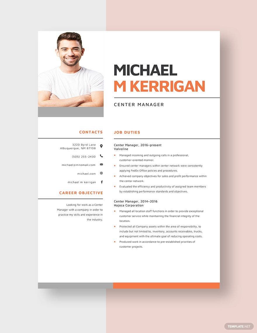 Center Manager Resume Template - Word, Apple Pages | Template.net