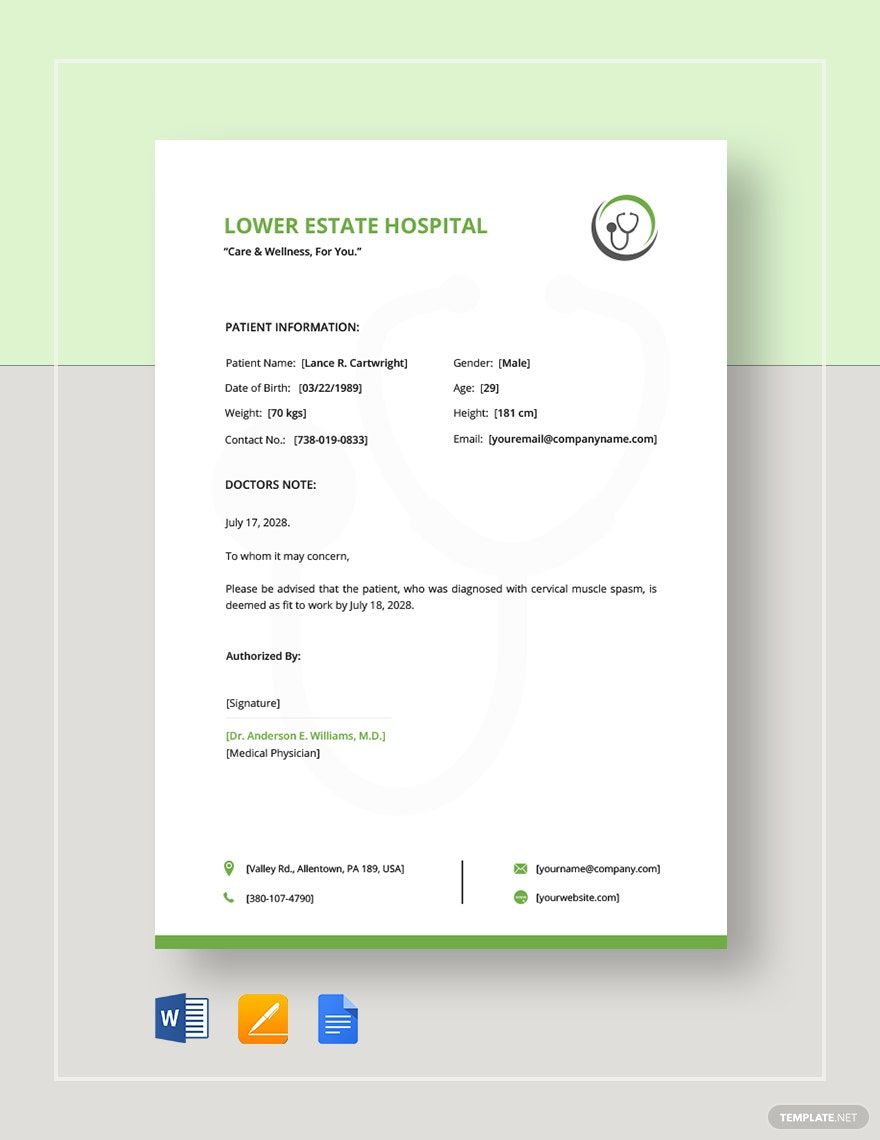 Simple Return To Work Doctors Note Template Google Docs Word Apple 