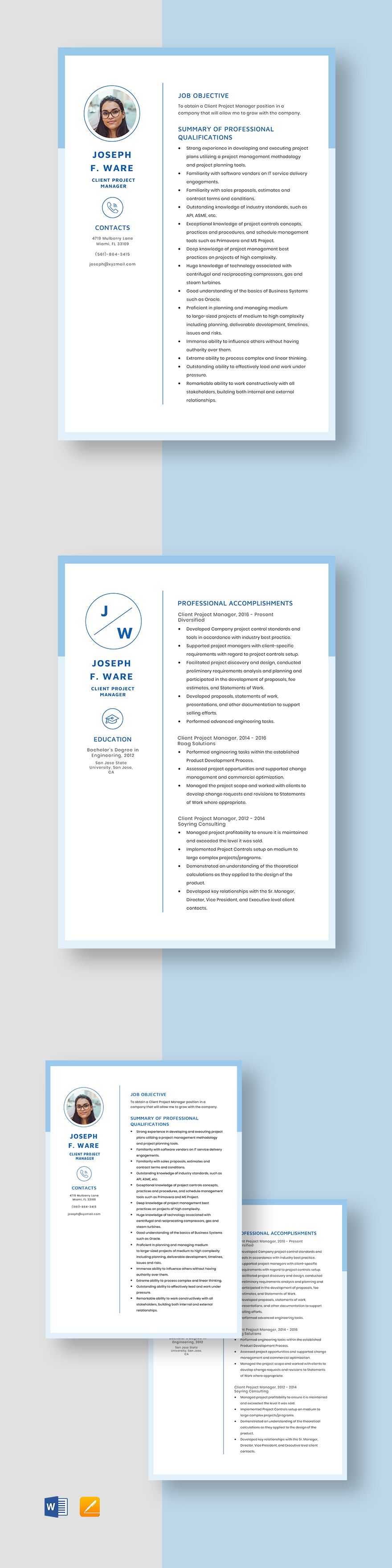 Modern Project Manager Resume Template - Word, Apple Pages, PSD ...