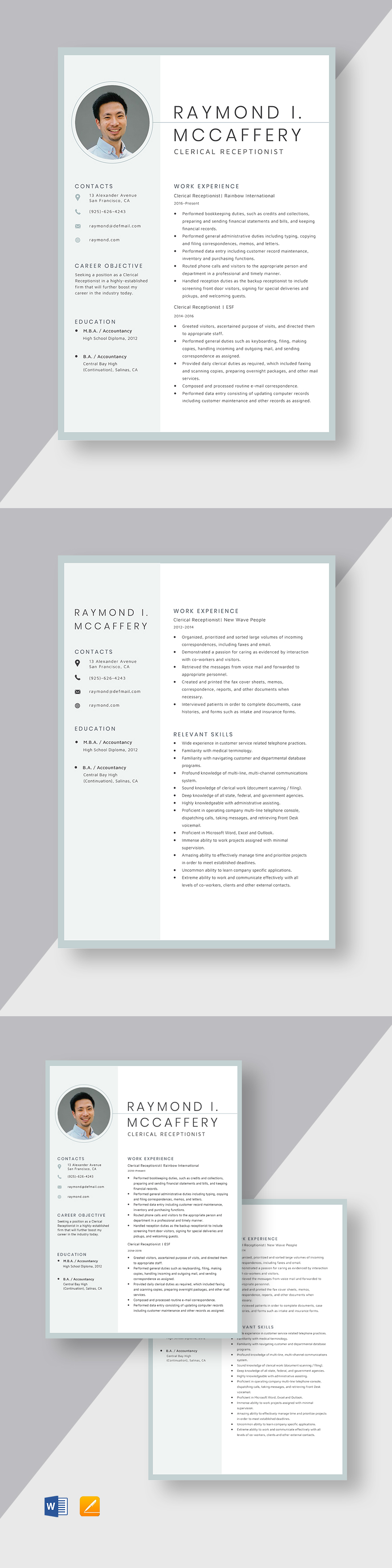 Basic Receptionist Resume Template - Illustrator, Indesign, Word, Apple